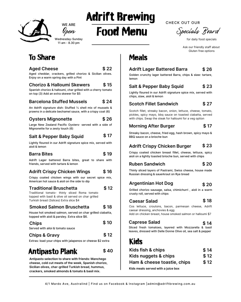 Menu Adrift Brewing